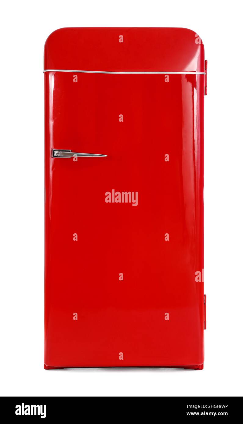 Red fridge on white background Stock Photo - Alamy