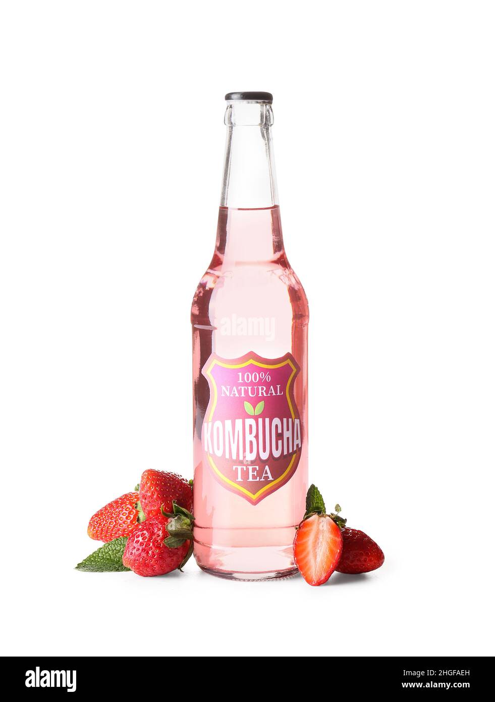 Bottle of tasty strawberry kombucha on white background Stock Photo - Alamy