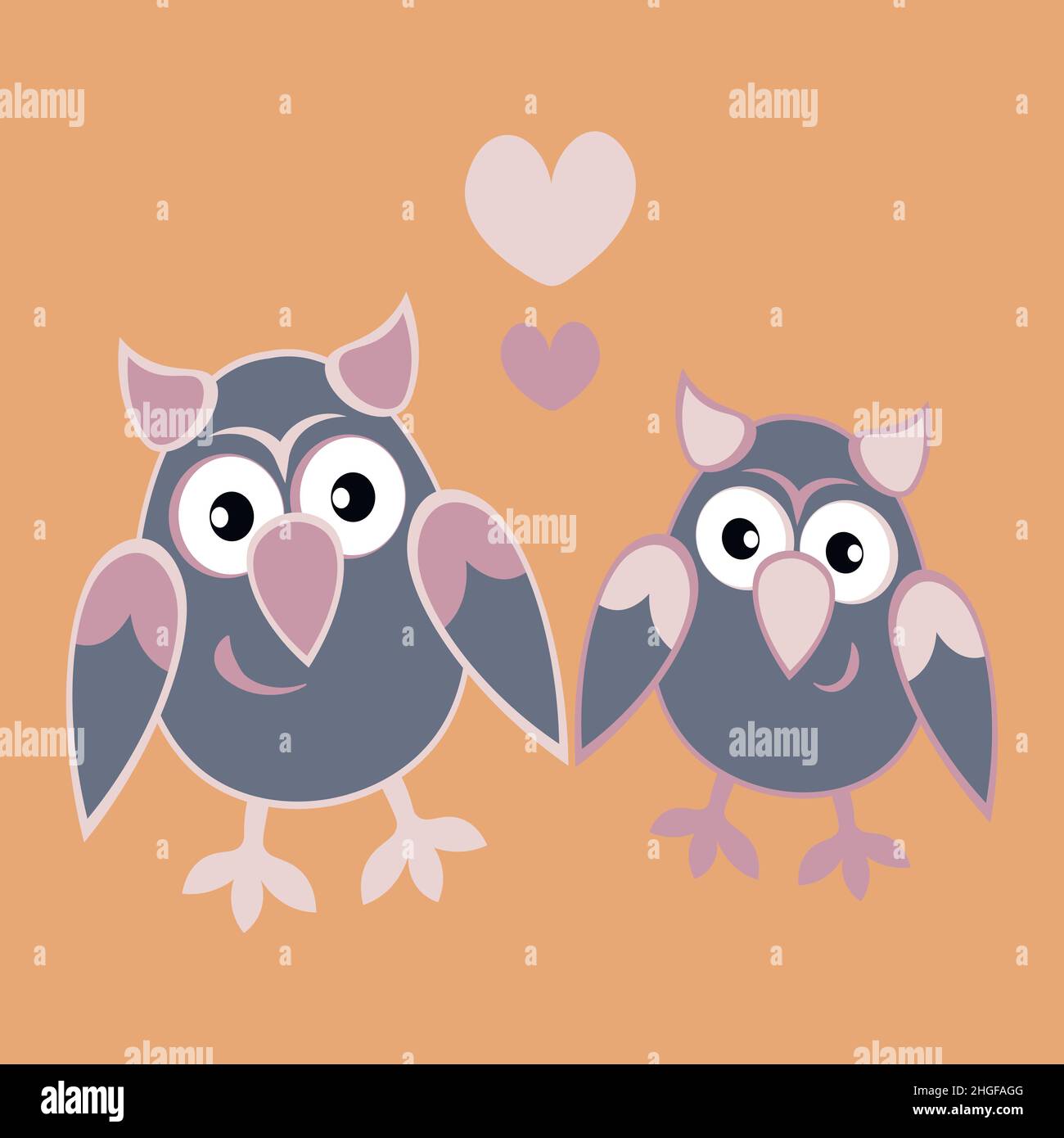 Illustration on a square background - two owls in love with hearts ...
