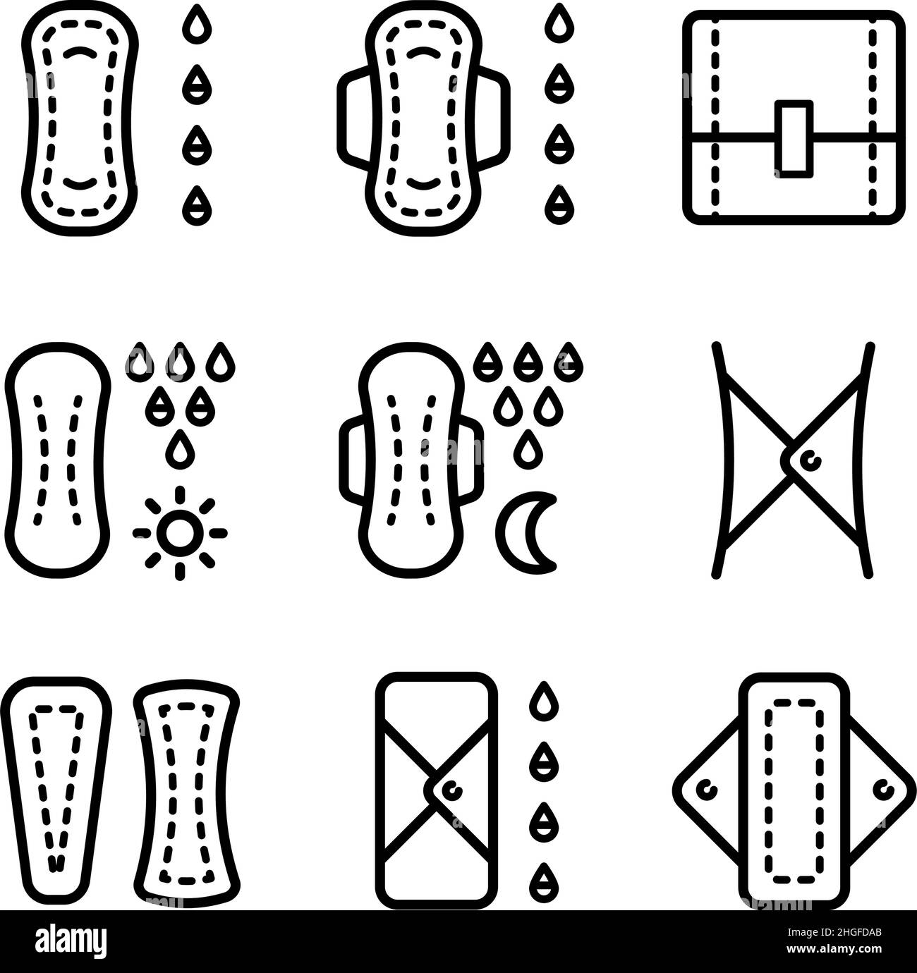 Feminine hygiene pad outline icons set. Hygiene sanitary napkin product ...