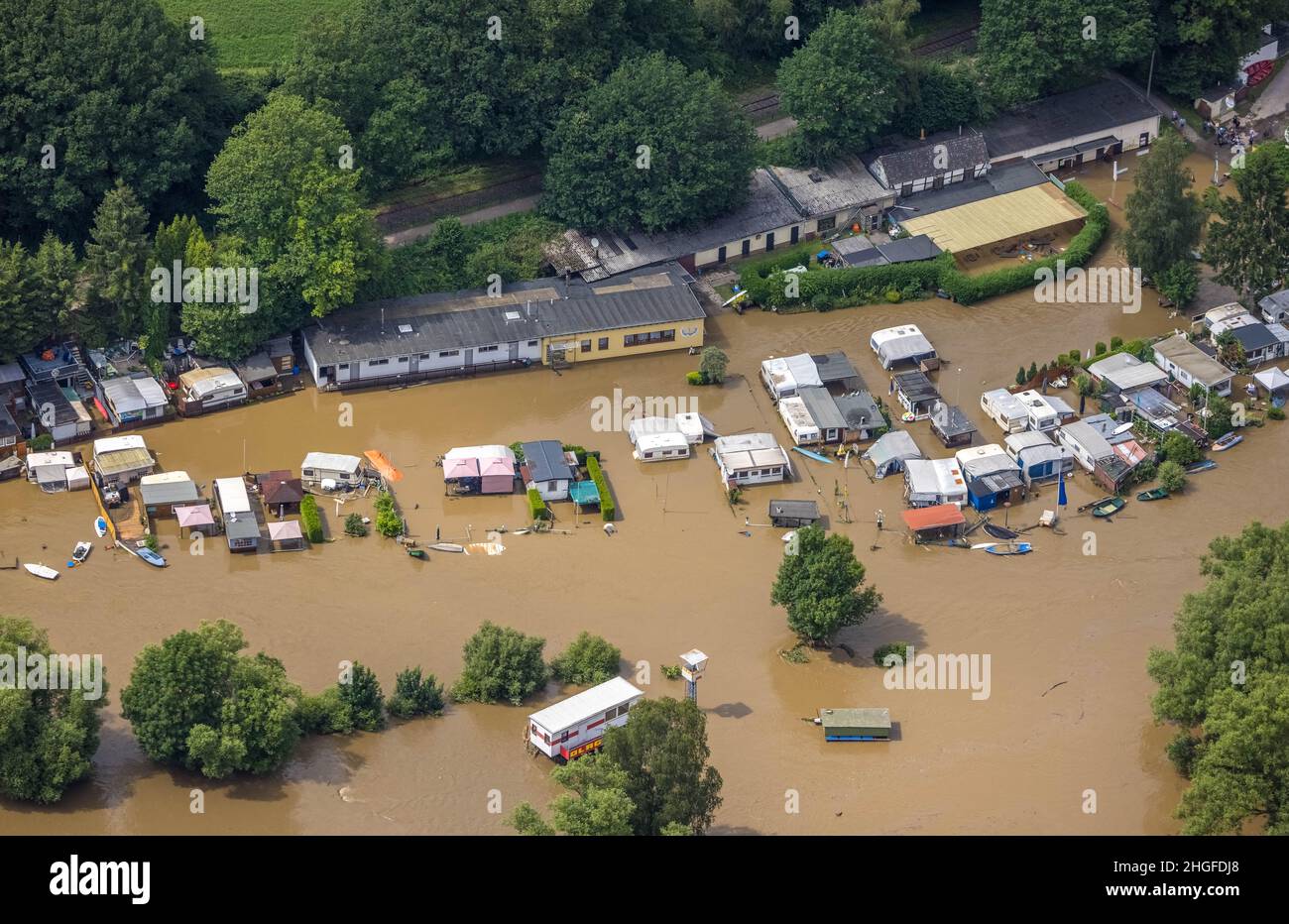 Aerial view, Ruhr flood, flooded campsite on the Ruhr, flooding, Annen ...