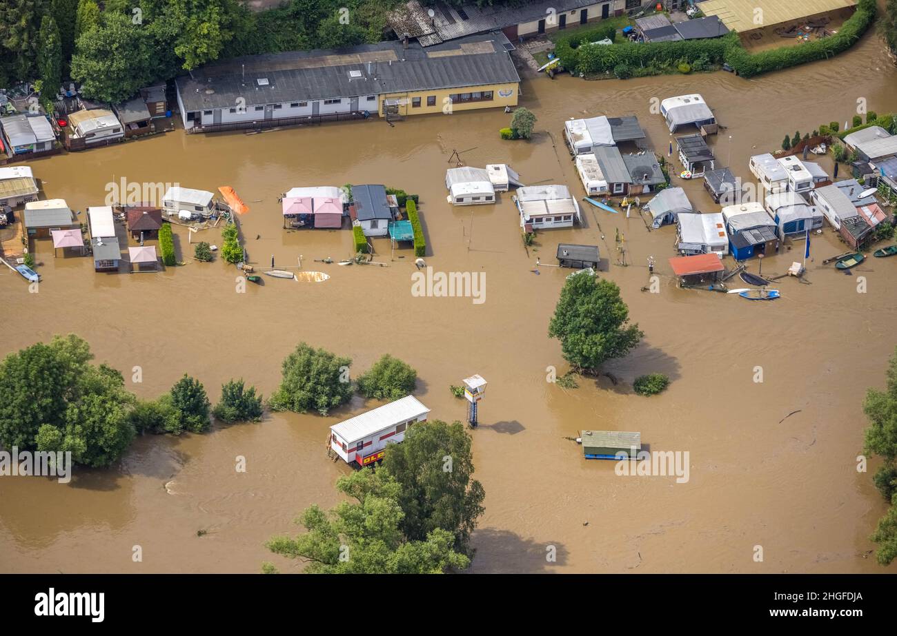 Aerial view, Ruhr flood, flooded campsite on the Ruhr, flooding, Annen ...