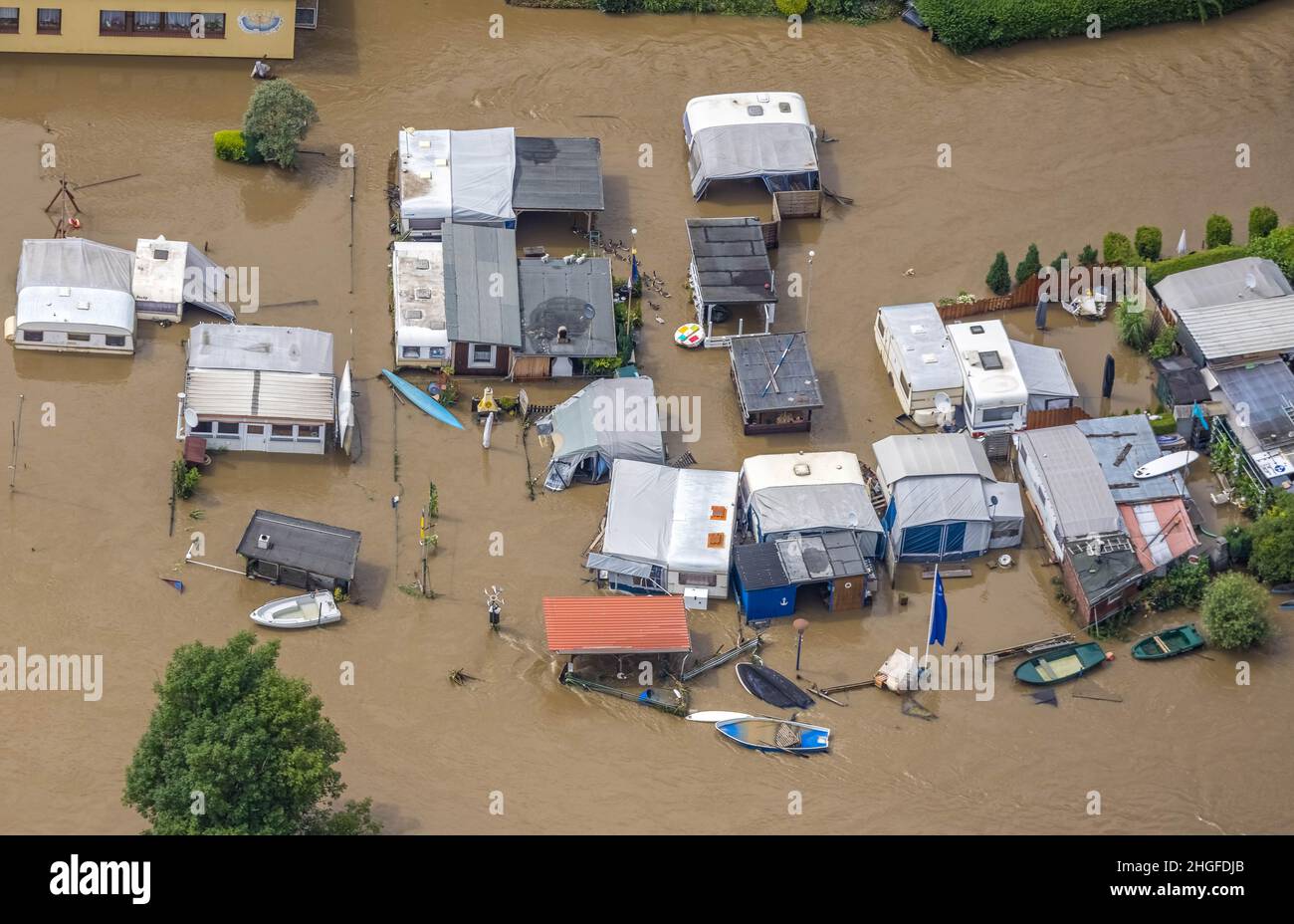 Aerial view, Ruhr flood, flooded campsite on the Ruhr, flooding, Annen ...