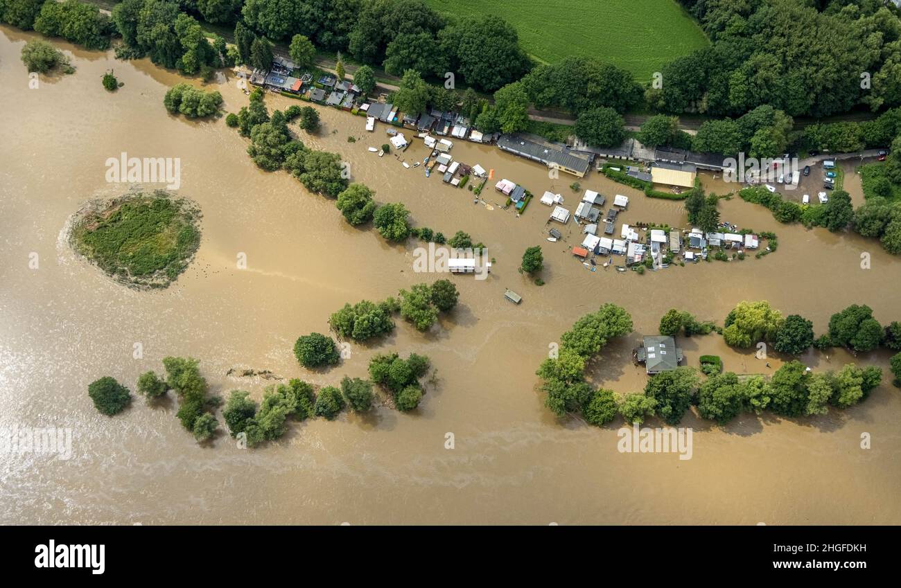 Aerial view, Ruhr flood, flooded campsite on the Ruhr, flooding, Annen ...