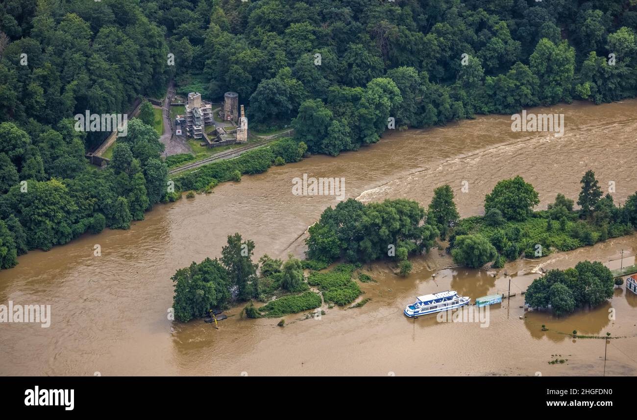 Aerial photograph, Ruhr flood, flooding, Heven, Witten, Ruhr area ...