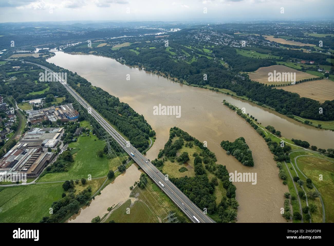 Aerial photograph, Ruhr flood, Kemnader Lake, flooding, Heven, Witten ...