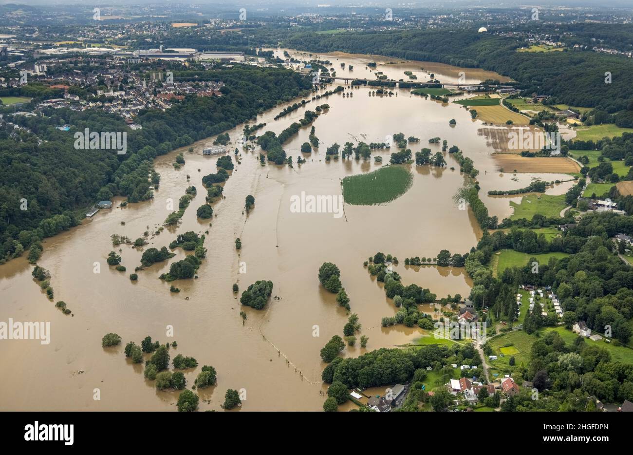 Aerial photograph, Ruhr flood,rows of trees in the Ruhr water, flooding ...