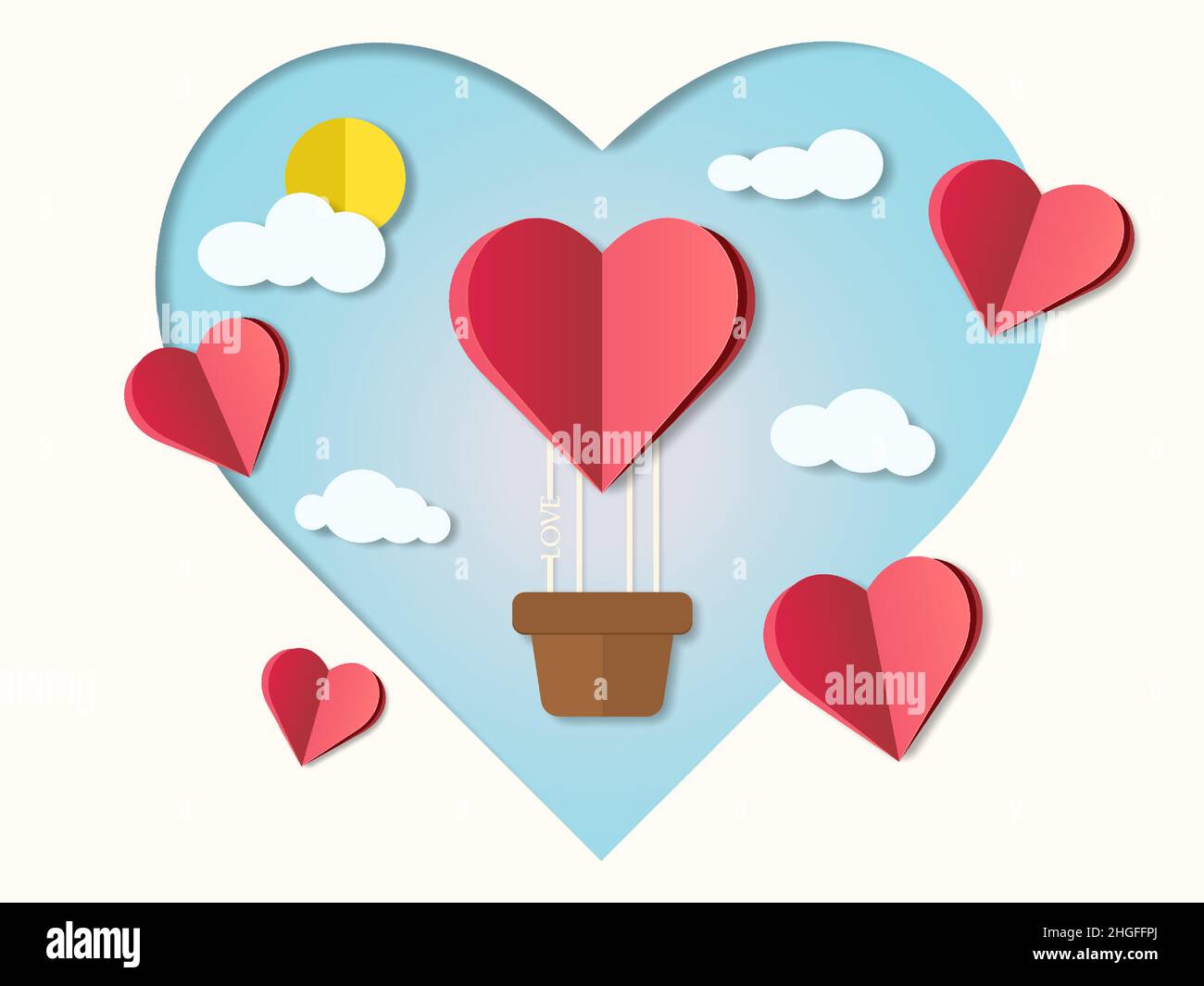 Love invitation card for Valentine's day. Heart hot air balloon with ...