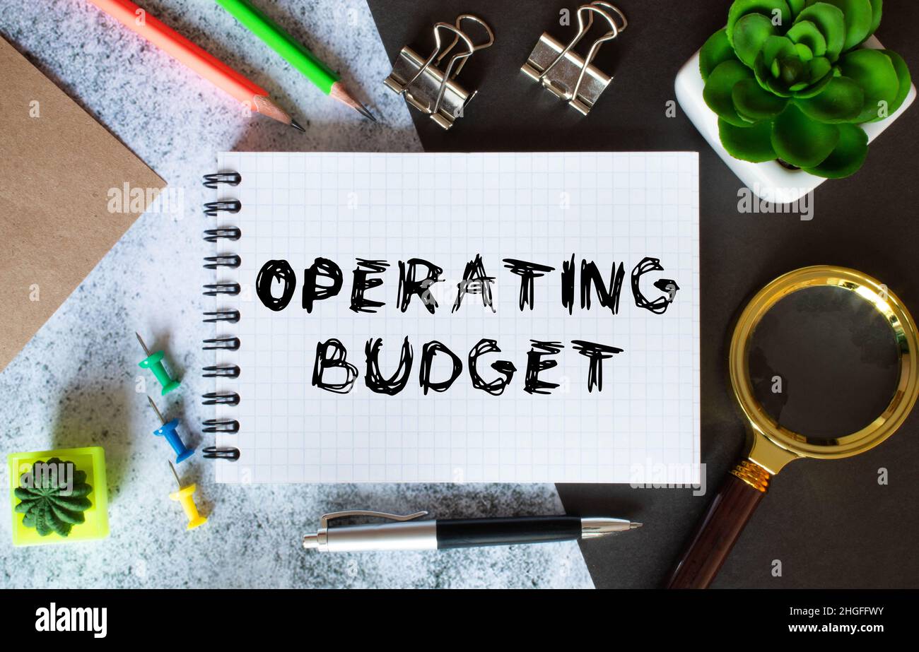 Closeup on businessman holding a card with text OPERATING BUDGET ...