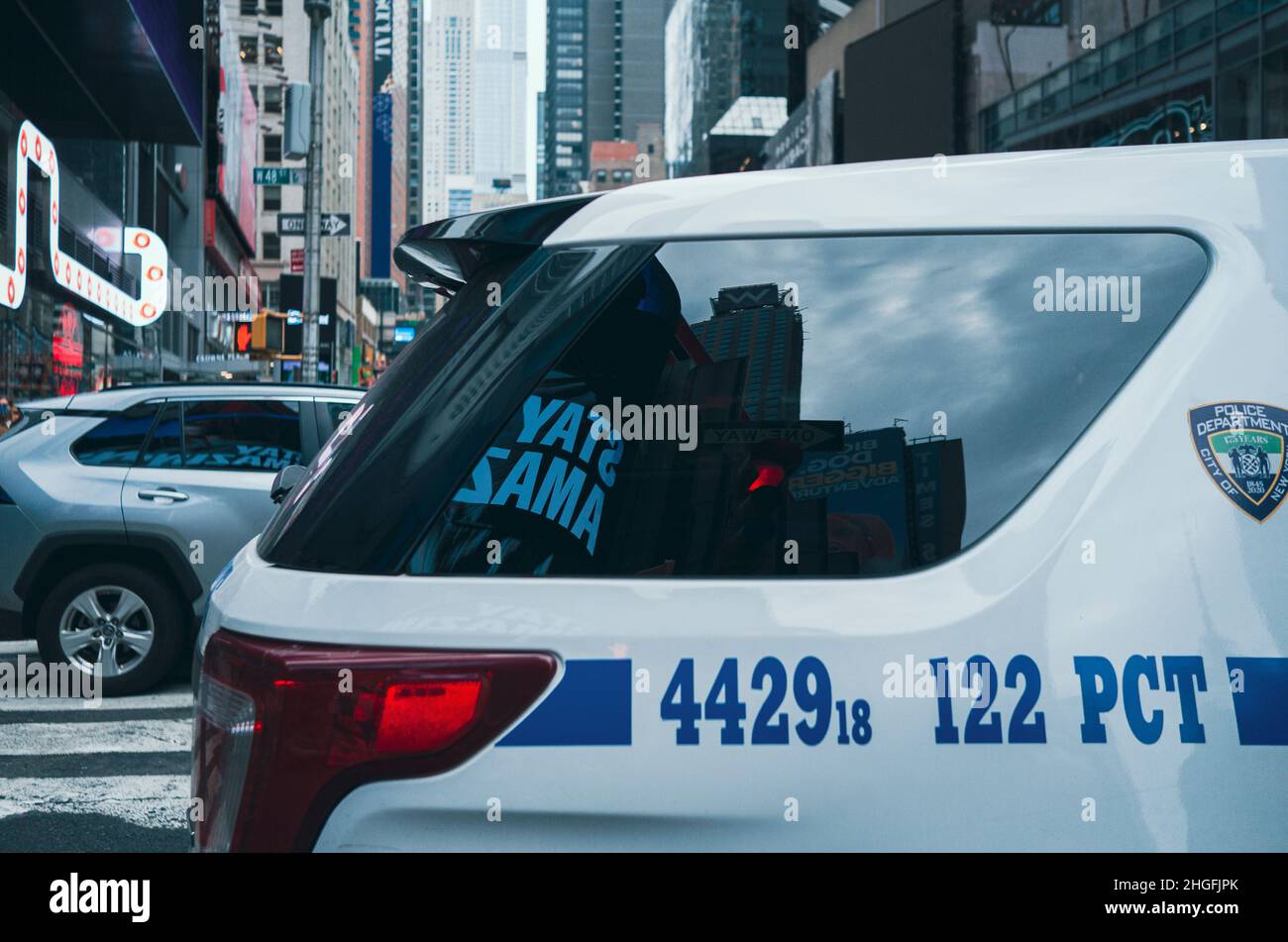 Reflection of Times Square on a Police Patrol Stock Photo - Alamy