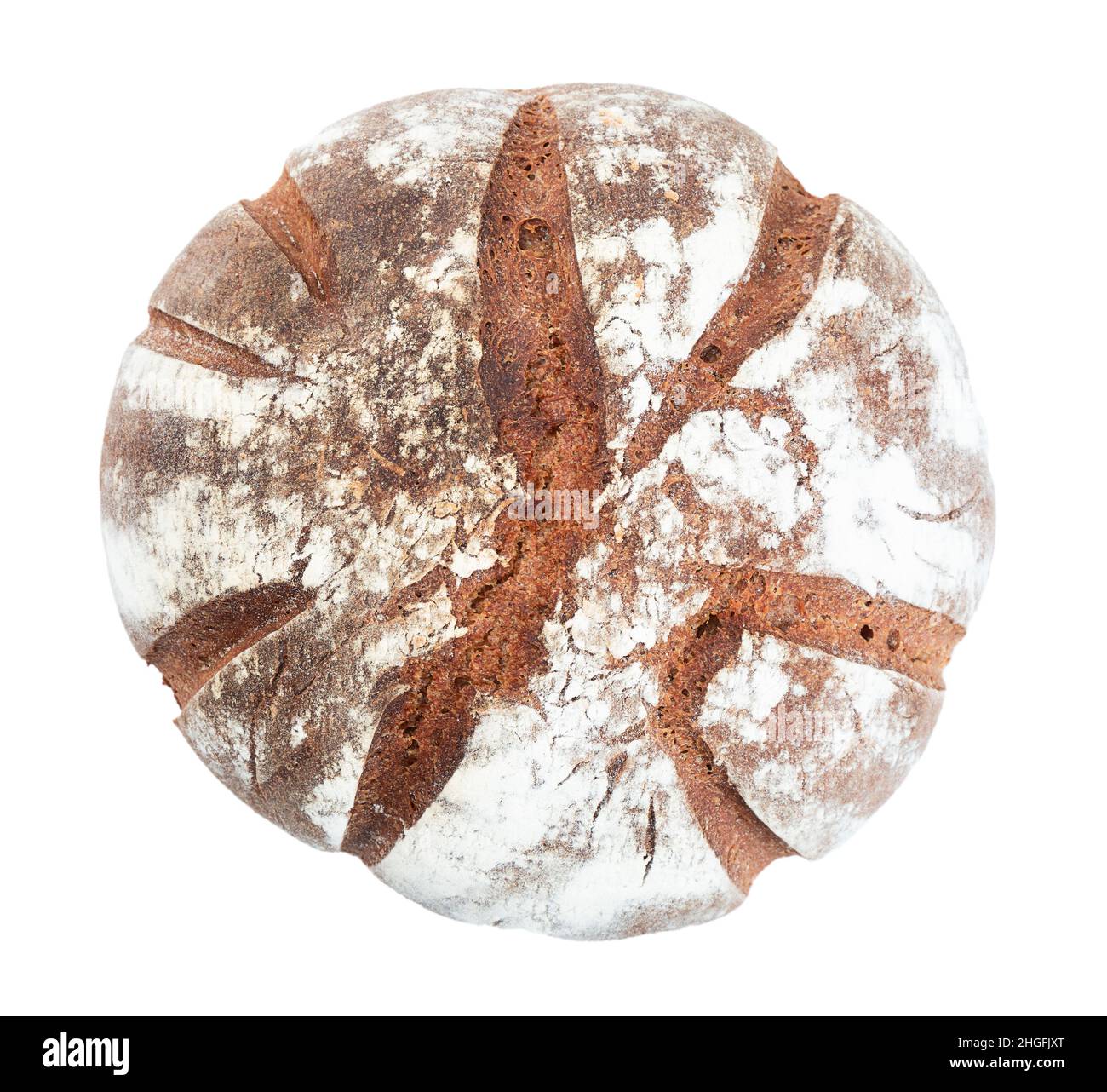 Traditional homemade round bread in flour isolated on white background ...