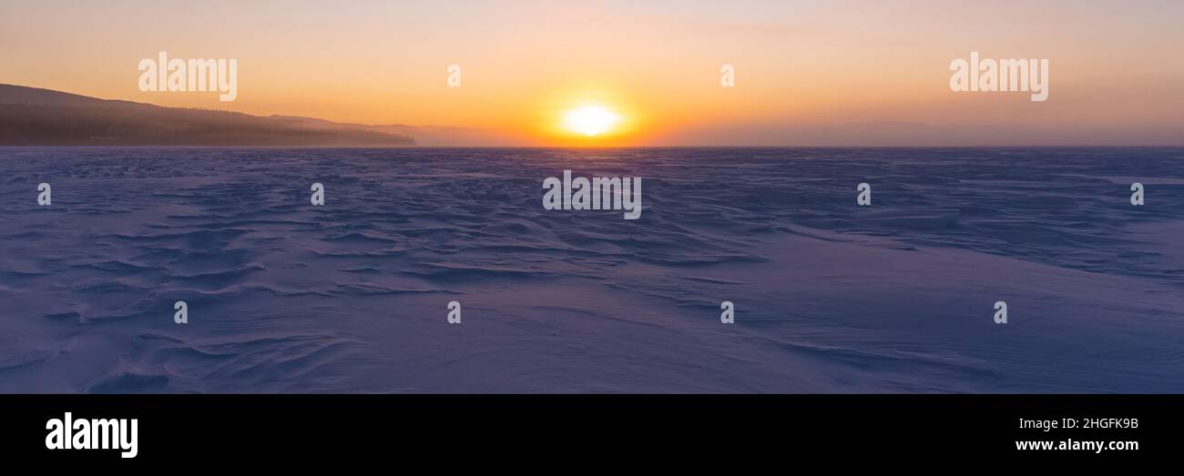 Winter frozen lake scene in northern Canada on a stunning clear morning ...