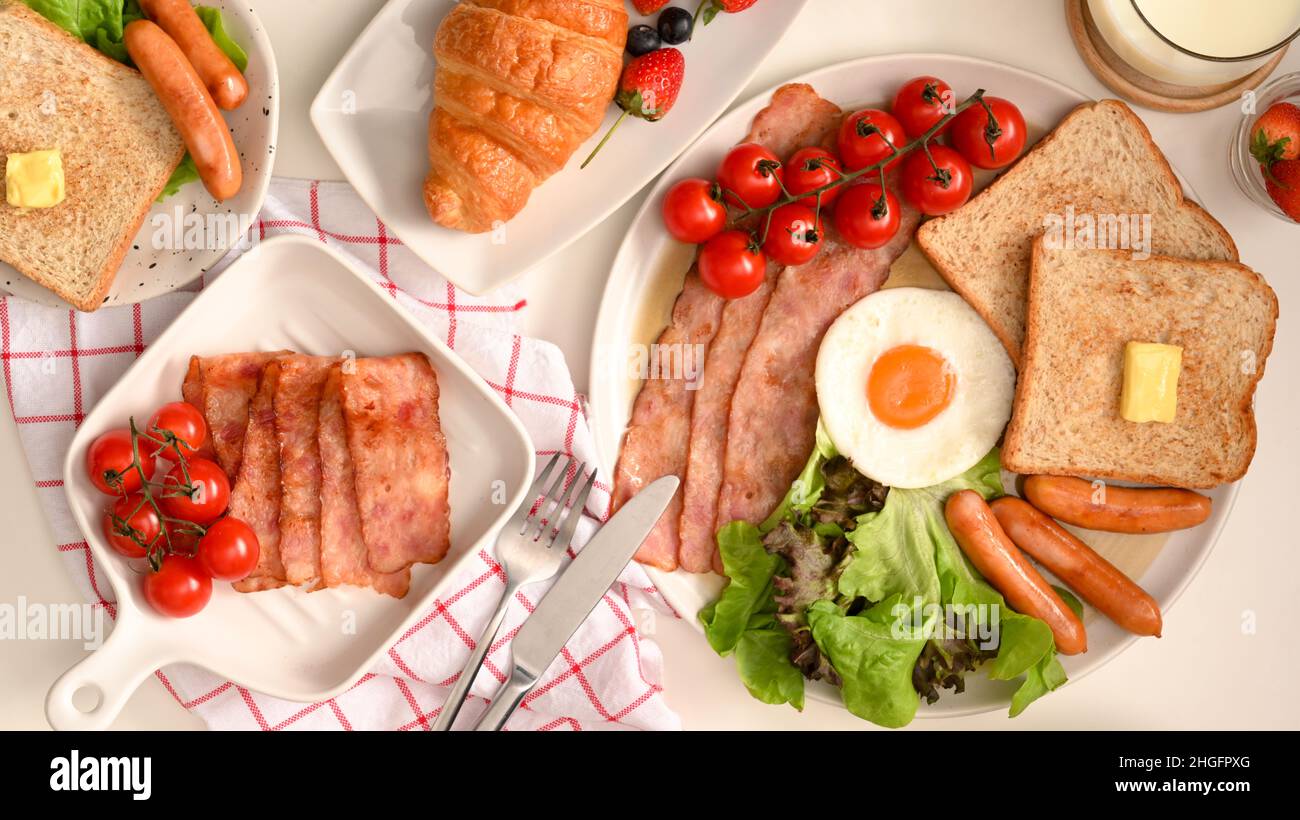Breakfast table concept. Top view, flat lay, breakfast and pastries set ...