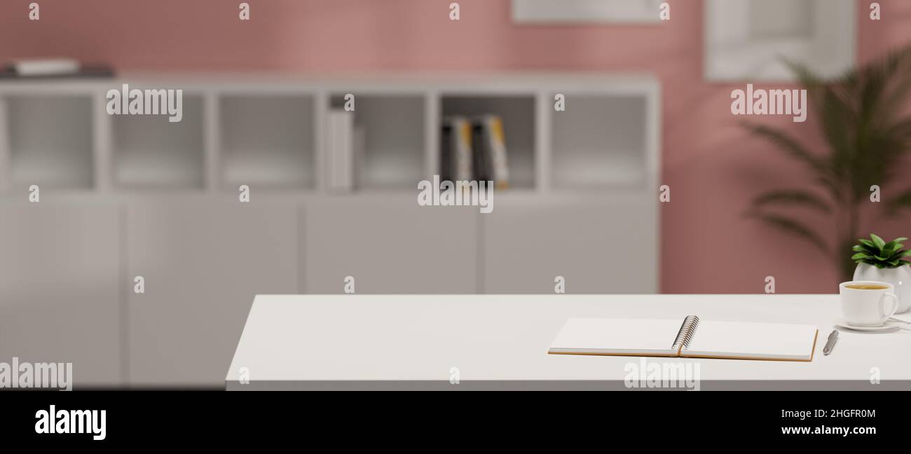 Modern stylish pink office workspace interior with copy space on white ...