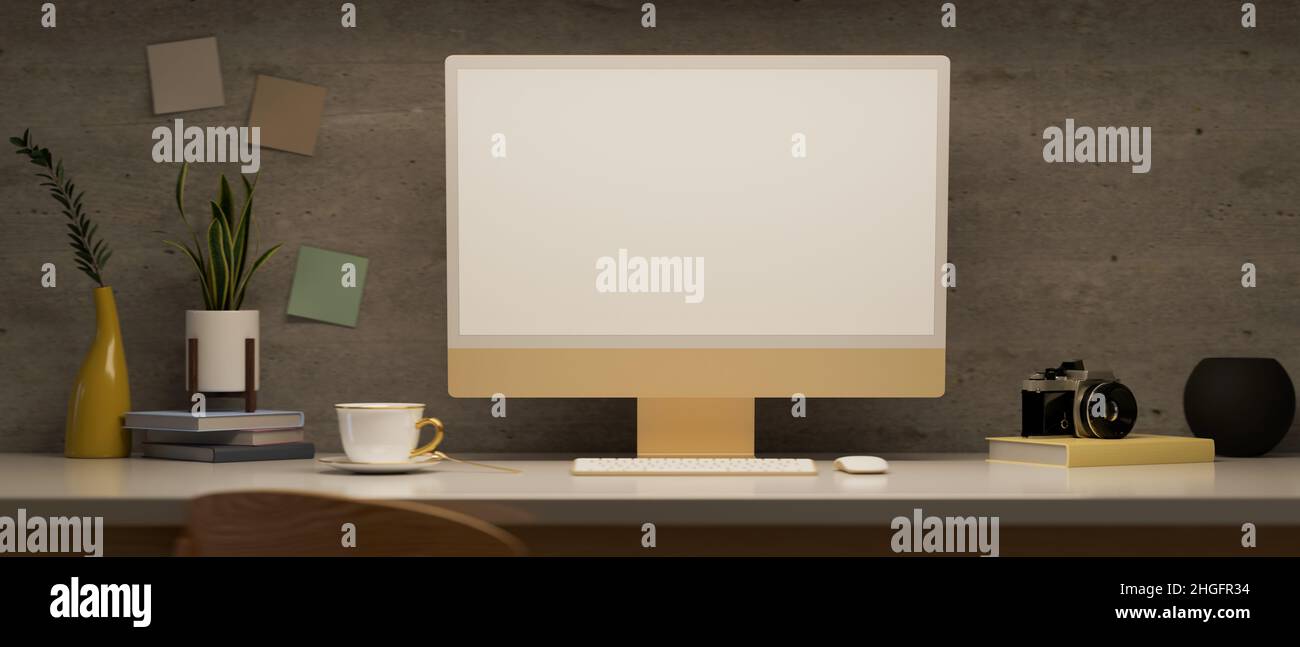 Close-up, Modern loft workspace interior design with pc desktop ...