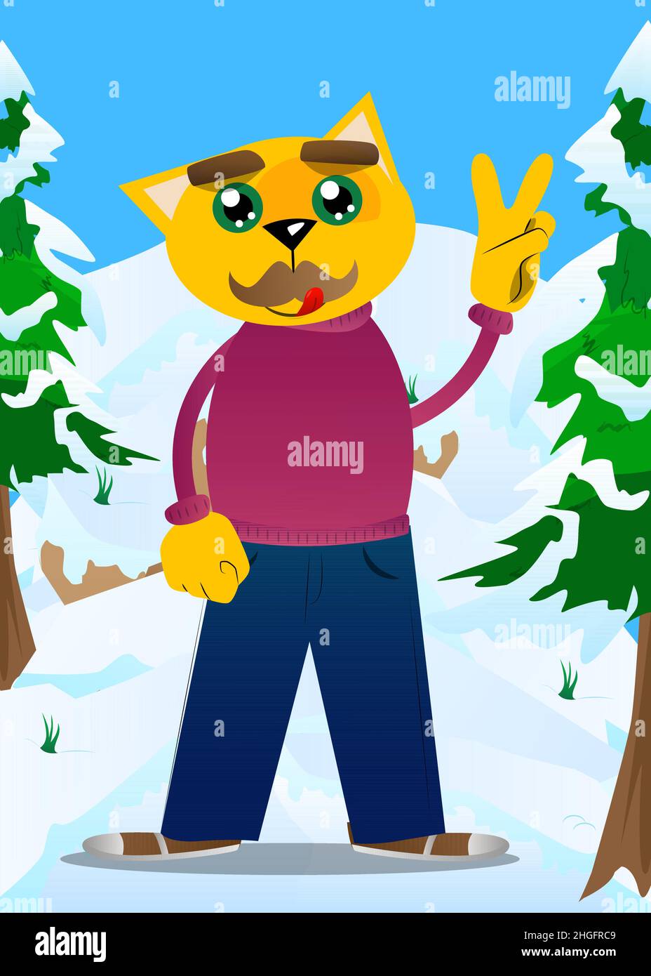 Funny cartoon cat showing the V sign, peace hand gesture. Vector ...