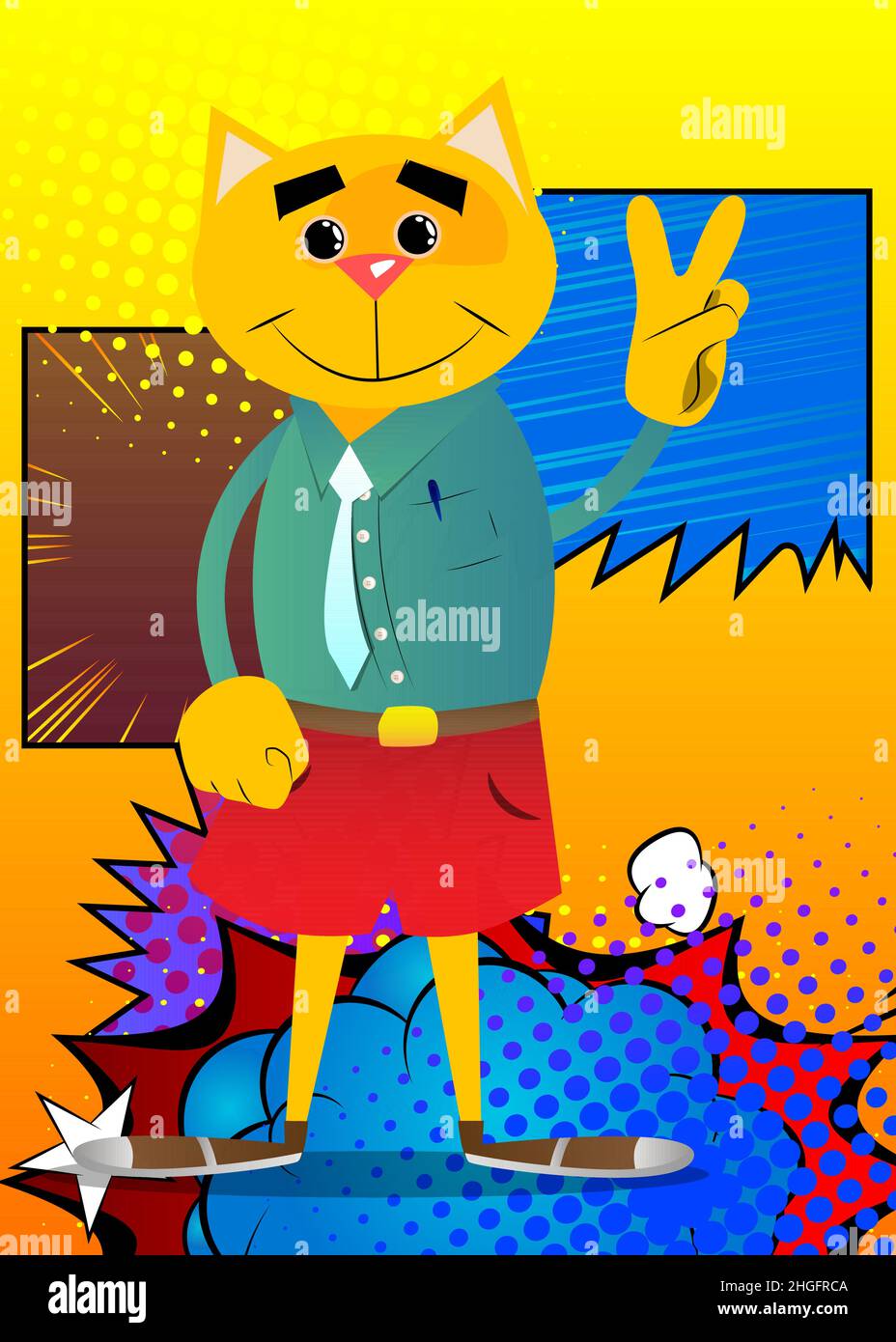 Funny cartoon cat showing the V sign, peace hand gesture. Vector ...