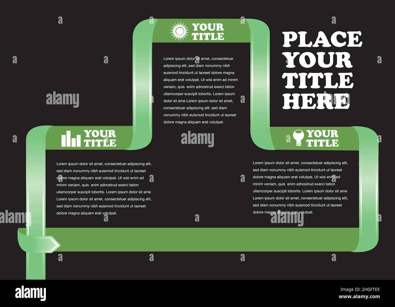 Template design for page layout with green ribbon framing white text on ...