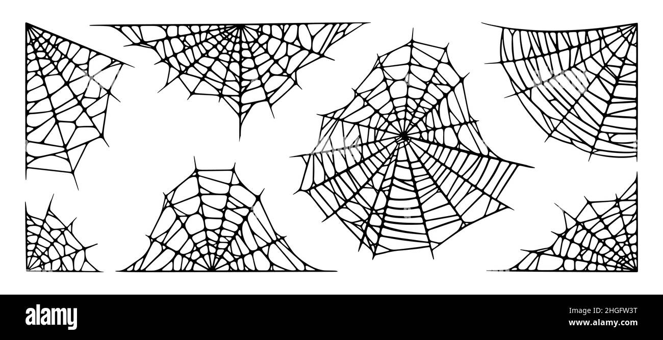 Spider web set isolated on white background. Outline Halloween cobwebs ...