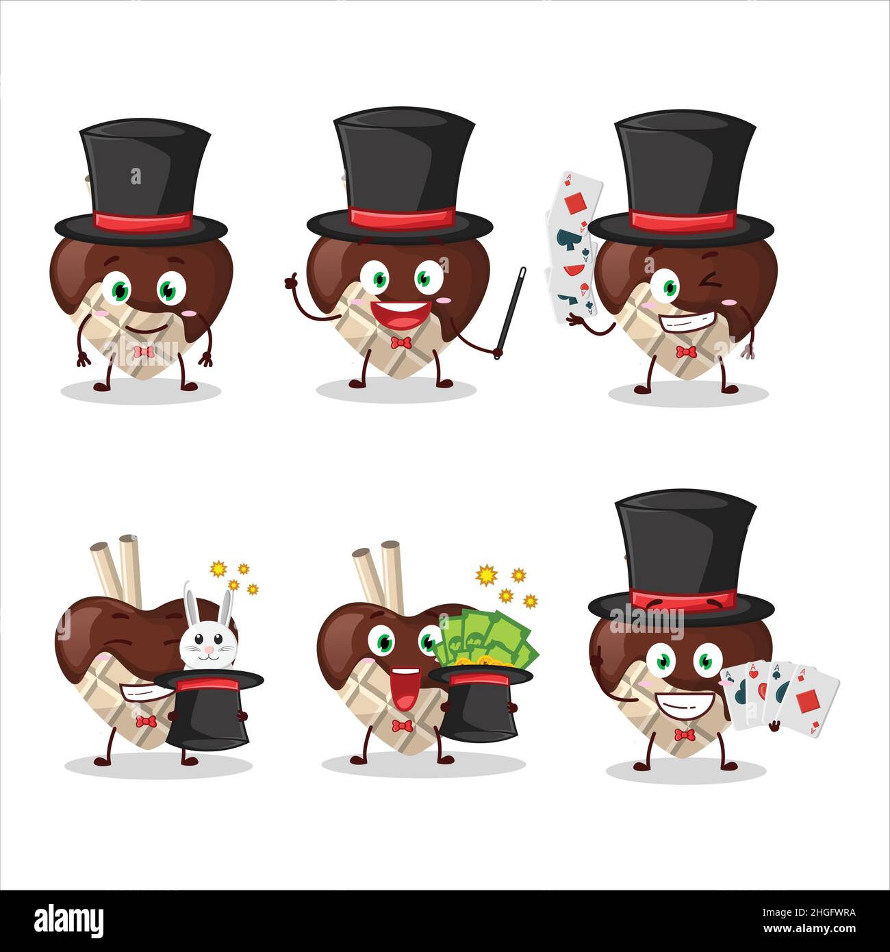 A white chocolate love Magician cartoon character perform on a stage ...