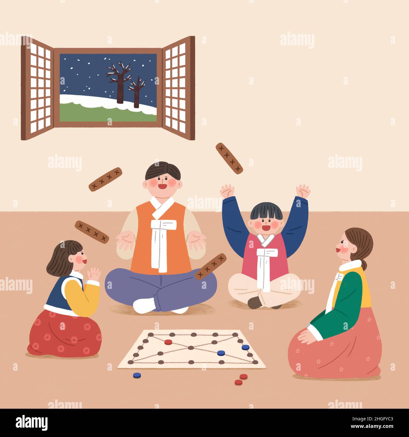 korean traditional holiday, family playing yut Stock Photo - Alamy