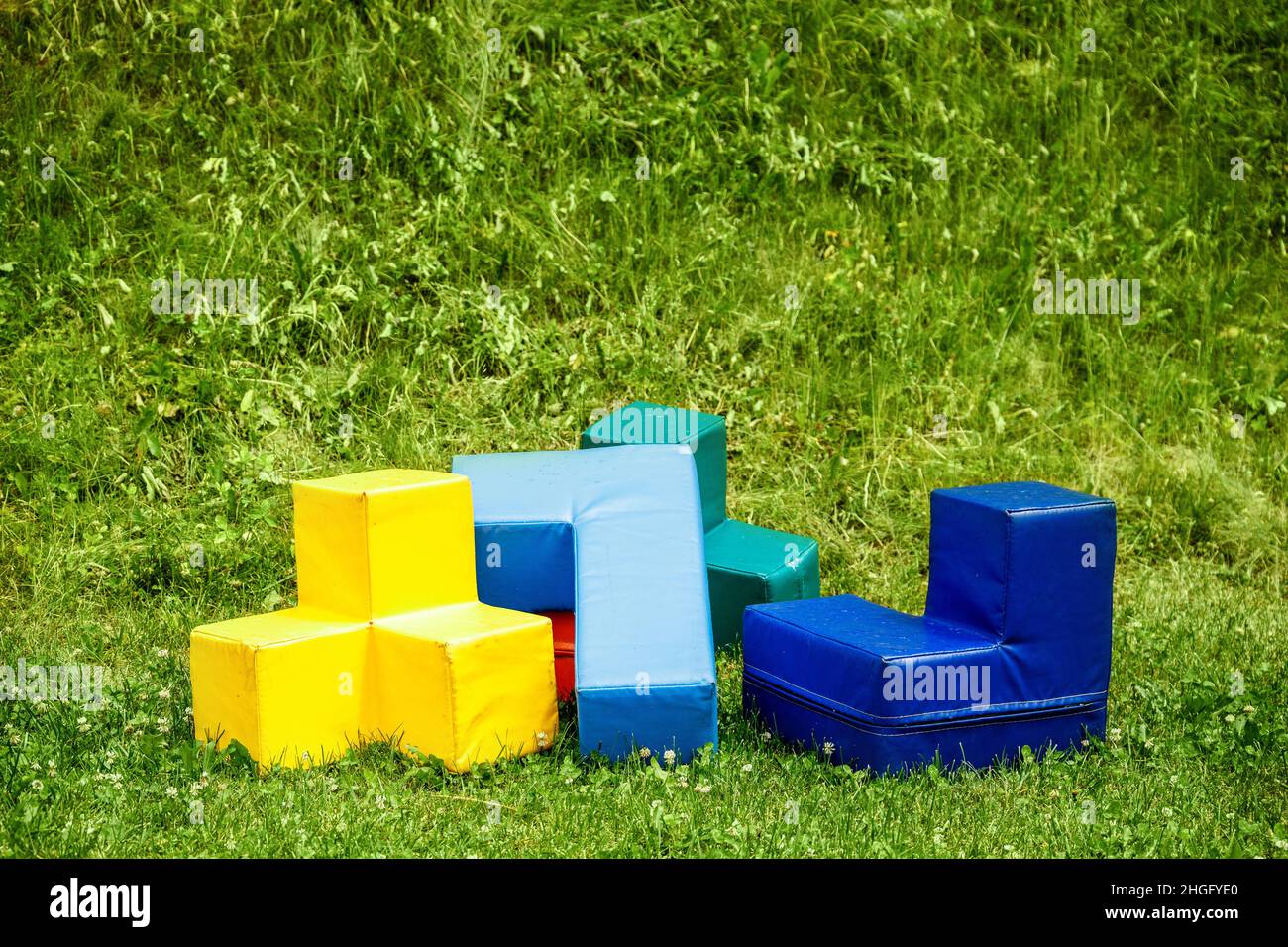 Soft colorful huge tetris puzzle. Outdoor teambuilding games Stock ...