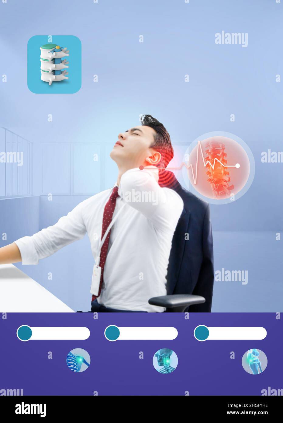 medical poster with an office worker feeling back neck pain Stock Photo ...