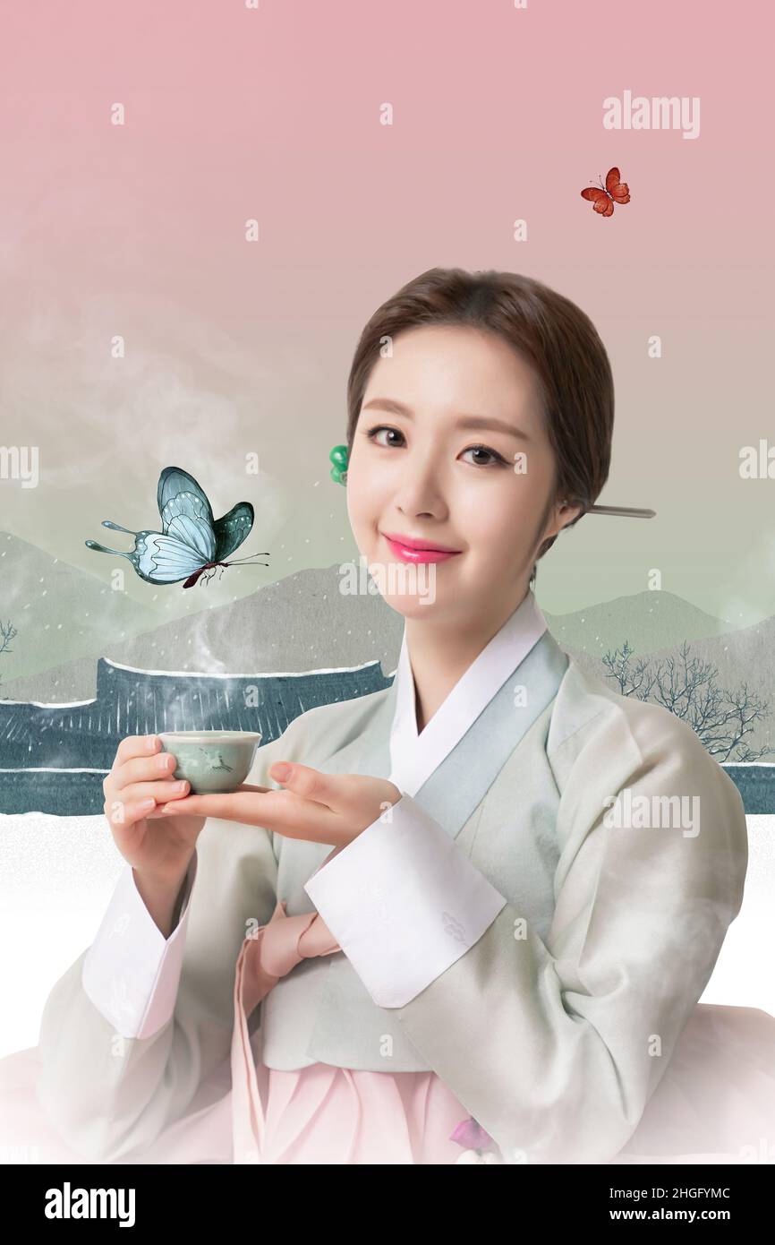 colorful Korea new year greeting poster with Korean model with Hanbok ...