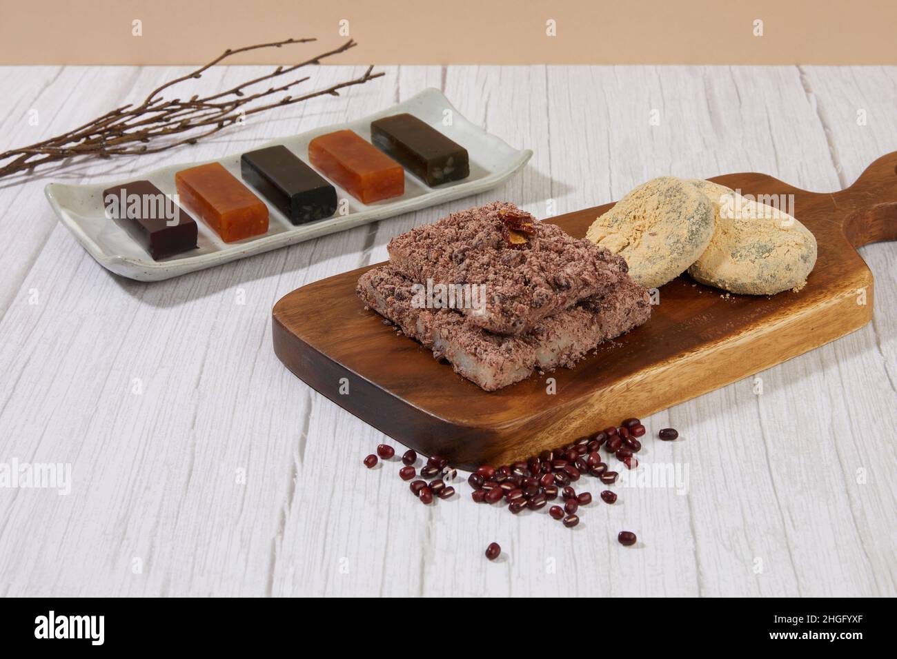 korean traditional dessert, rice cake Injeolmi, red beans sweet jelly ...