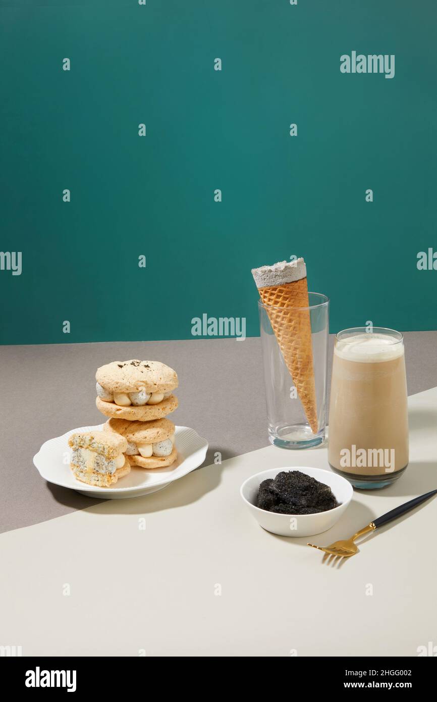 korean traditional rice cake Injeomi, dacquoise, cafe latte and ice ...