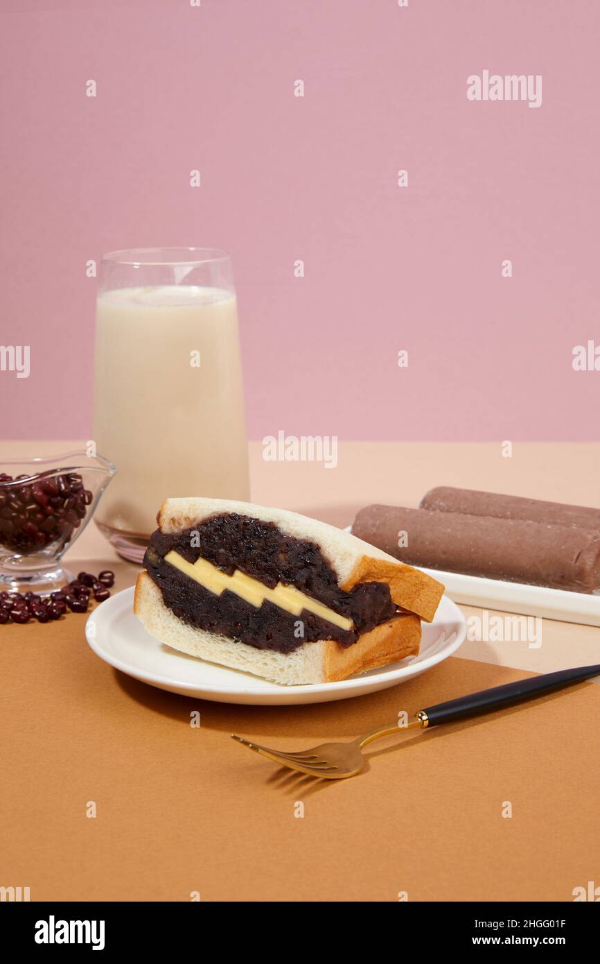 red been butter bread with ice cream latte Stock Photo - Alamy