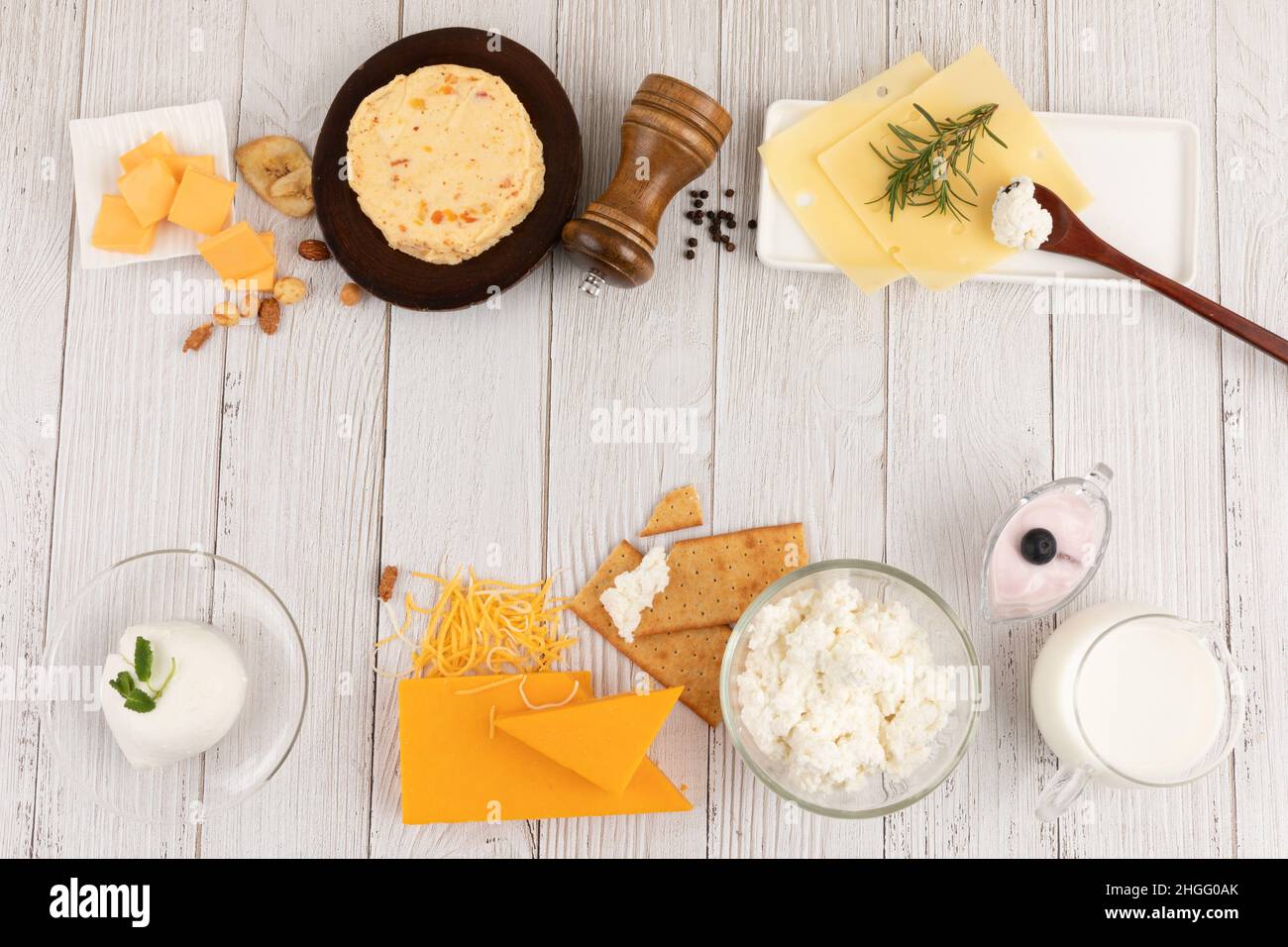 cheese collection, white wood background Stock Photo - Alamy