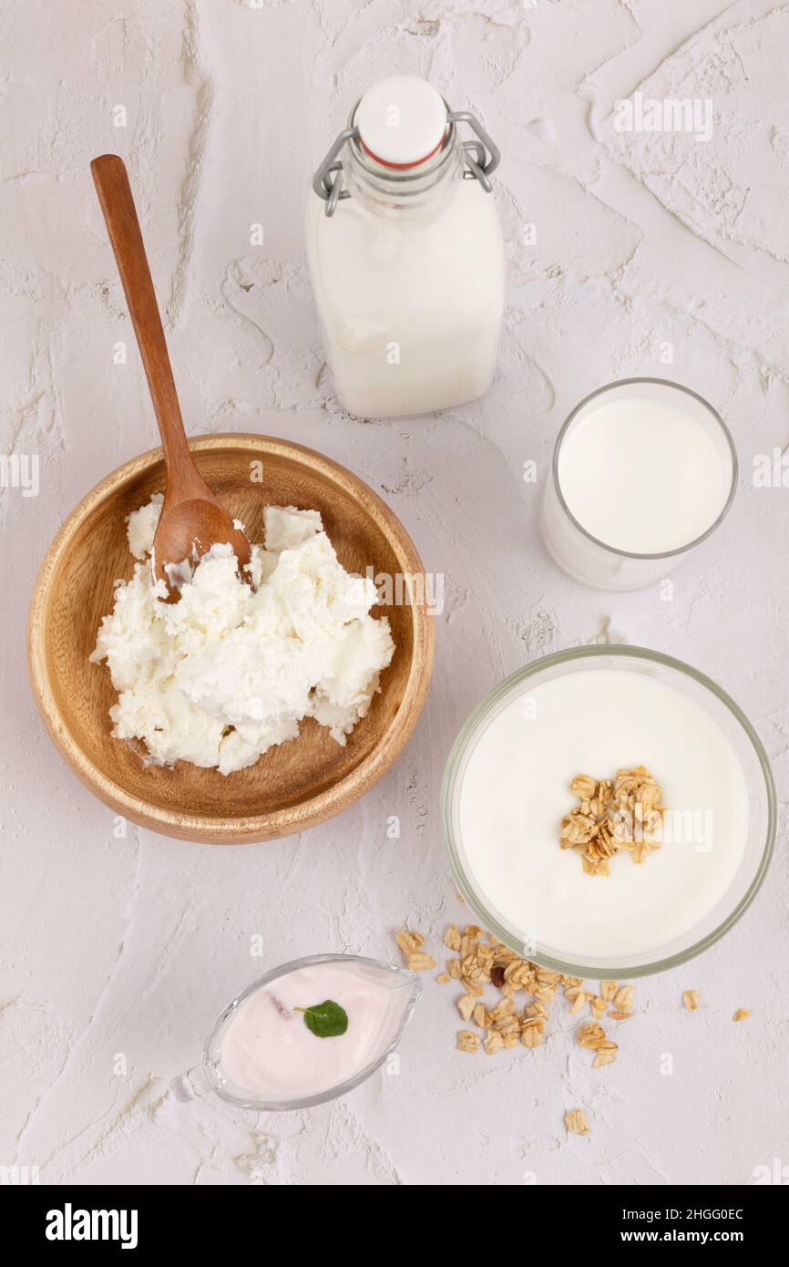 milk and yogurt collection, white background Stock Photo - Alamy