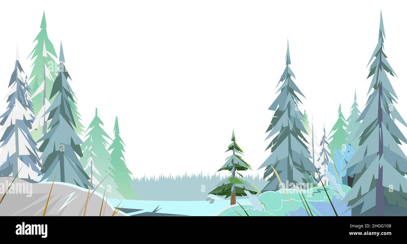 Winter Forest Landscape. Snowy coniferous trees. Snow drifts. Divided ...