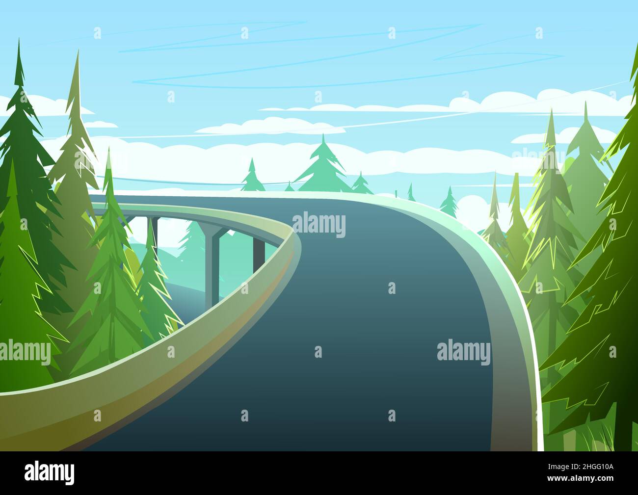 Good asphalt road. Drive through pine forest over bridge. Quality ...