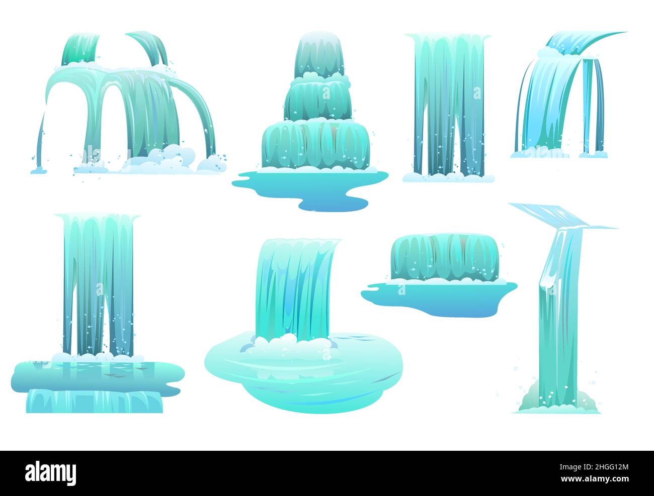 Streaming waterfall water. Set of cascades shimmer down. Fast stream ...