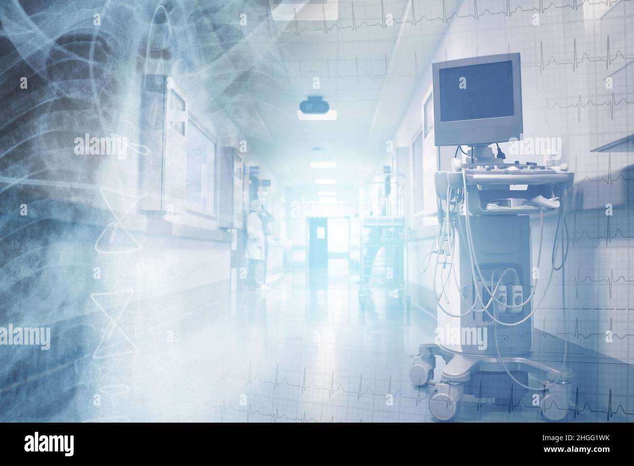 Health care concept with ECG and x-ray image on the background of ...