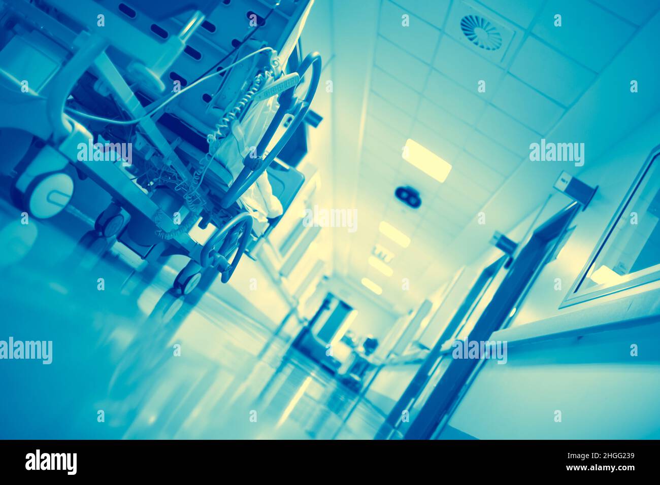 Hospital building lobby with modern gurney, medical background Stock ...