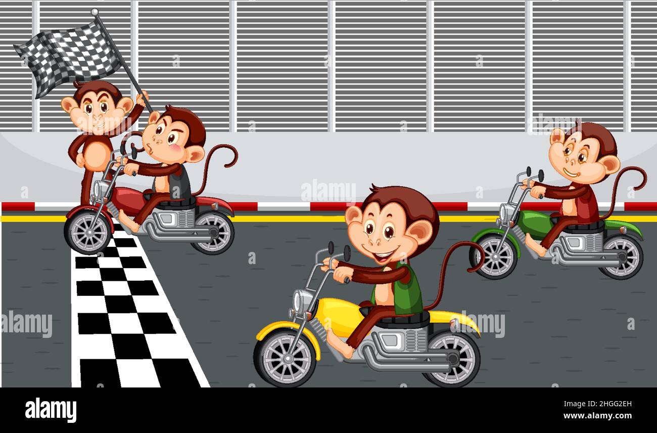 Race track scene with monkeys riding motorcycles illustration Stock ...