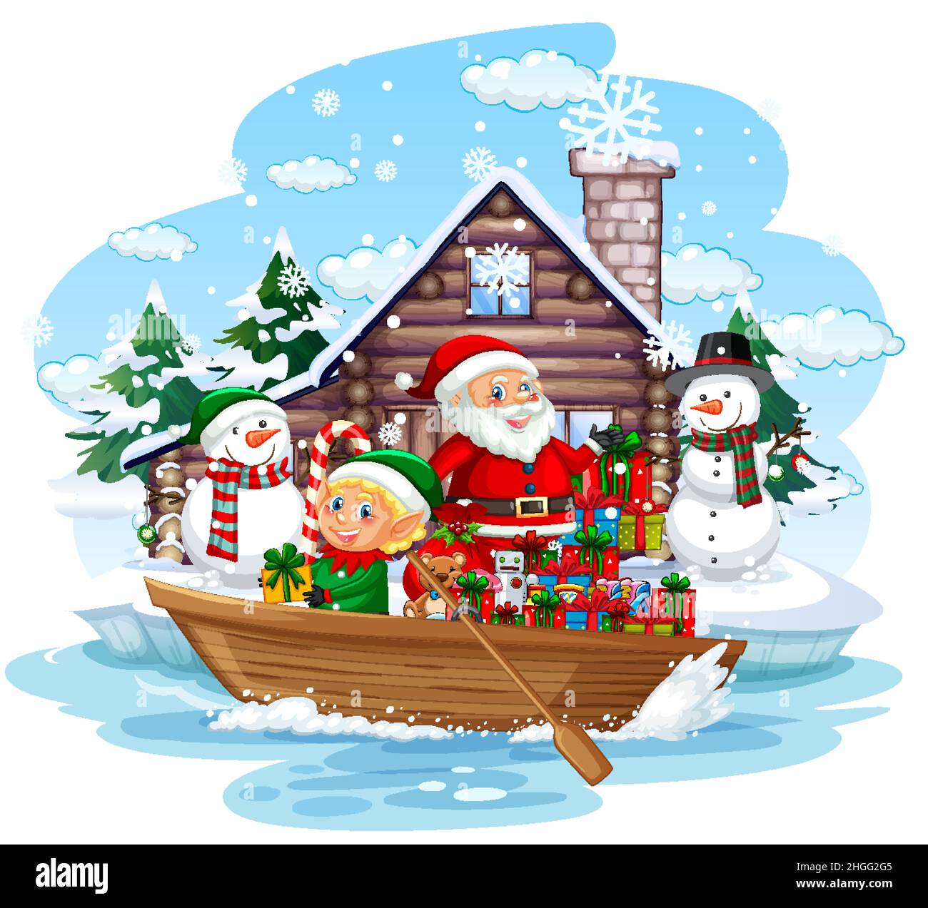 Santa Claus delivering gifts by row boat illustration Stock Vector ...