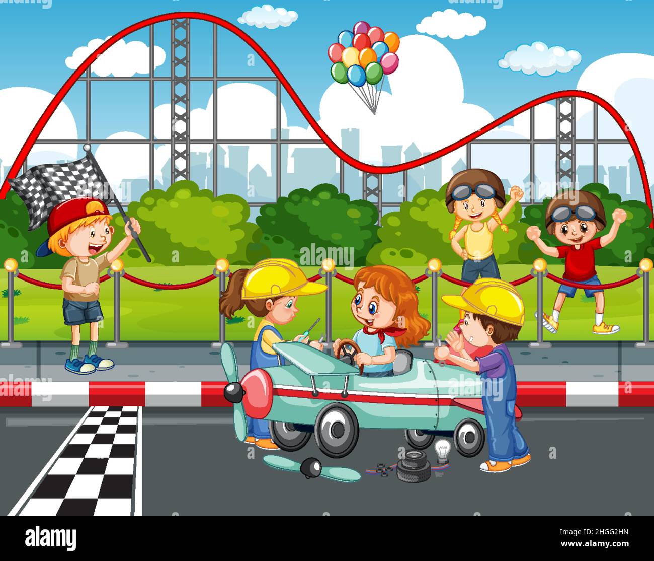 Outdoor scene with children racing car illustration Stock Vector Image ...
