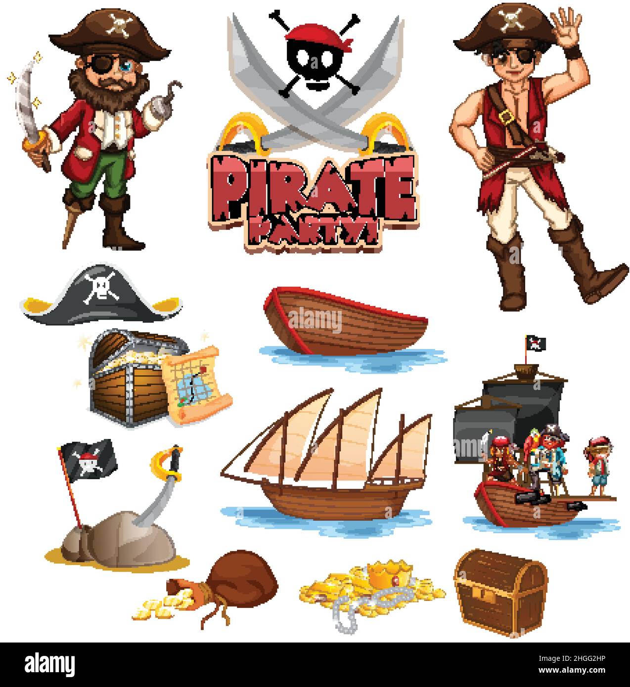 Set of pirate cartoon characters and objects illustration Stock Vector ...
