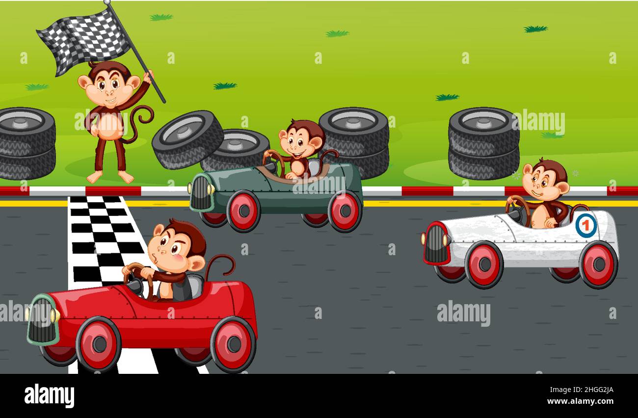 Race track scene with monkey racing drivers illustration Stock Vector ...