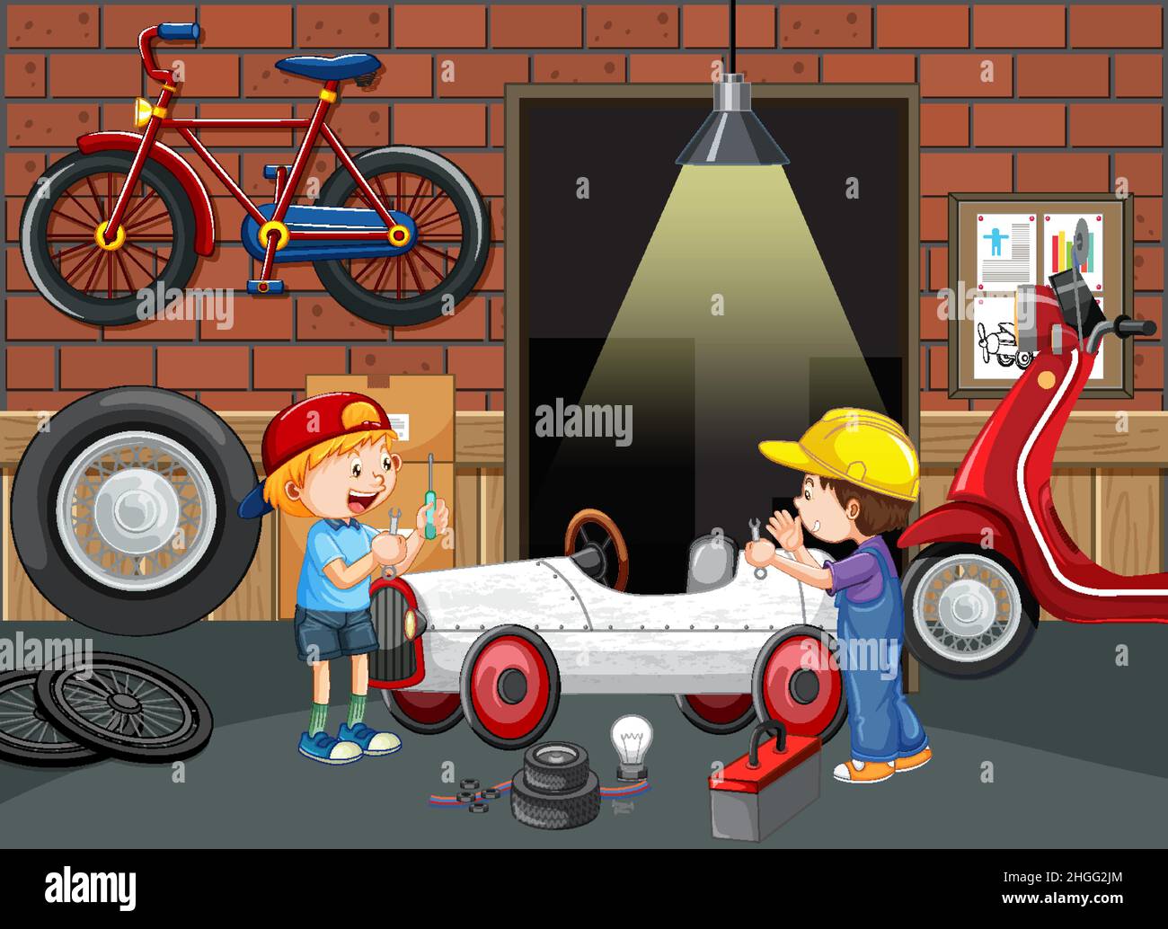 Children repairing a car together in the garage illustration Stock ...