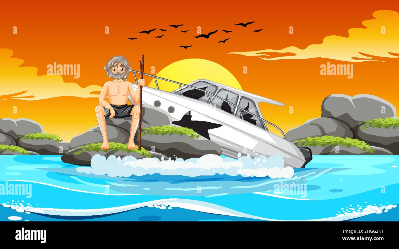 A man crashing speedboat on the rocky island illustration Stock Vector ...