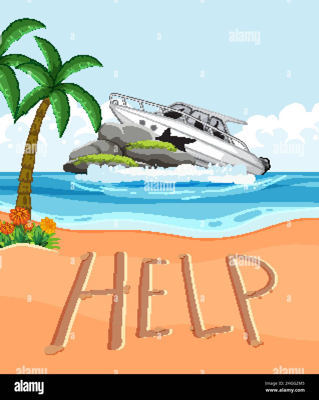 Help sign on deserted island with speedboat crash on rocky island ...