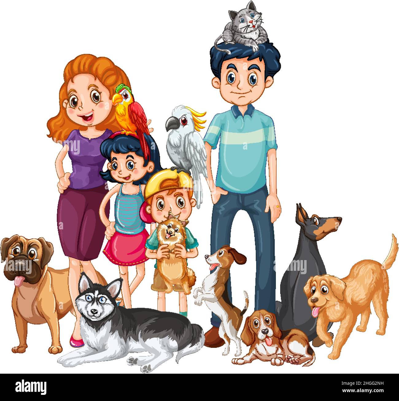 Family members with many dogs in cartoon style illustration Stock ...