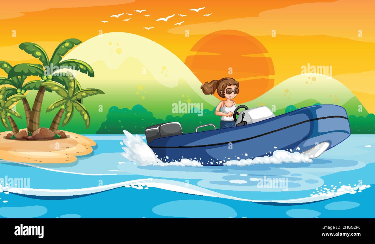 Ocean wave scenery with a woman driving a boat illustration Stock ...