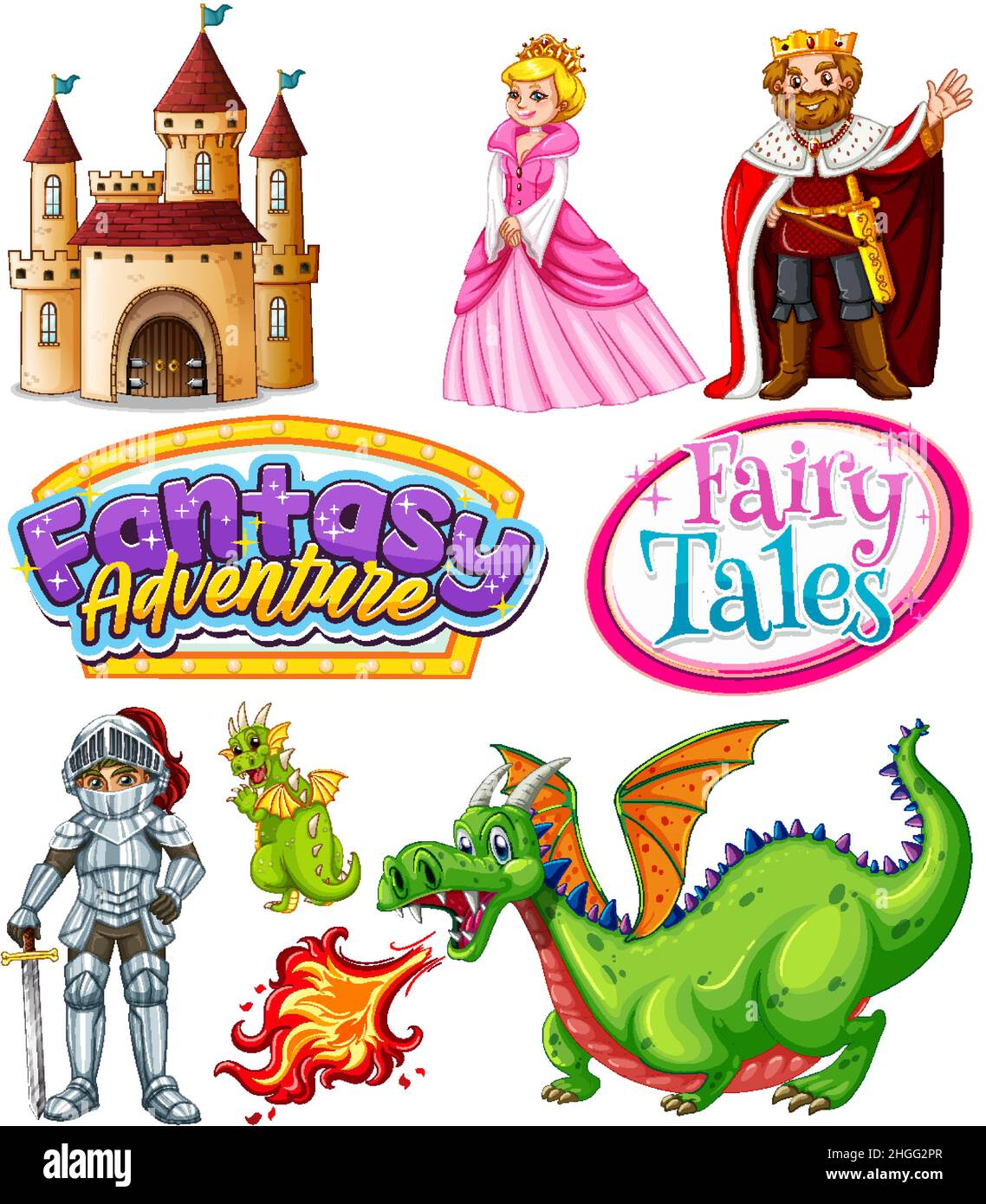 Set of dragons and fairy tale cartoon characters illustration Stock ...