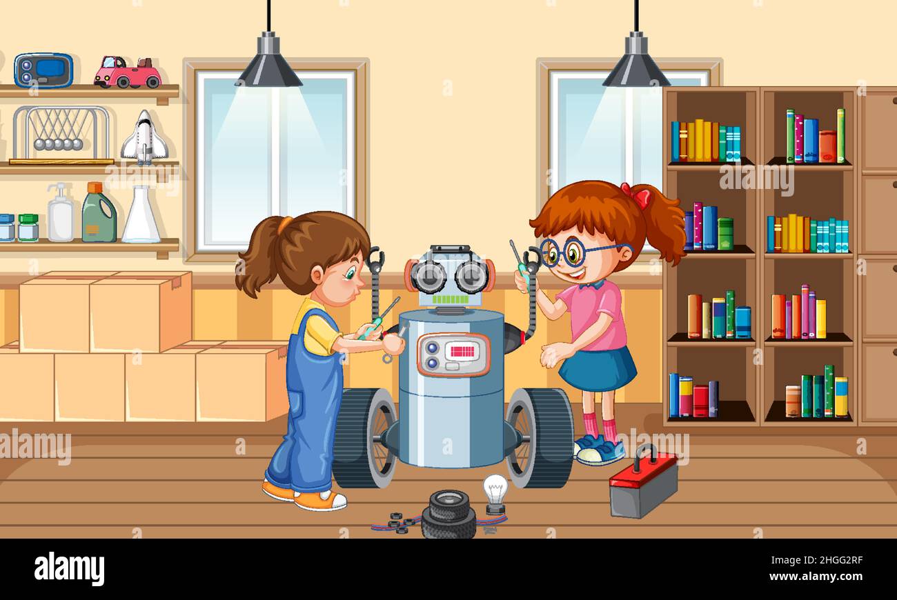 Children fixing a robot together in the room scene illustration Stock ...